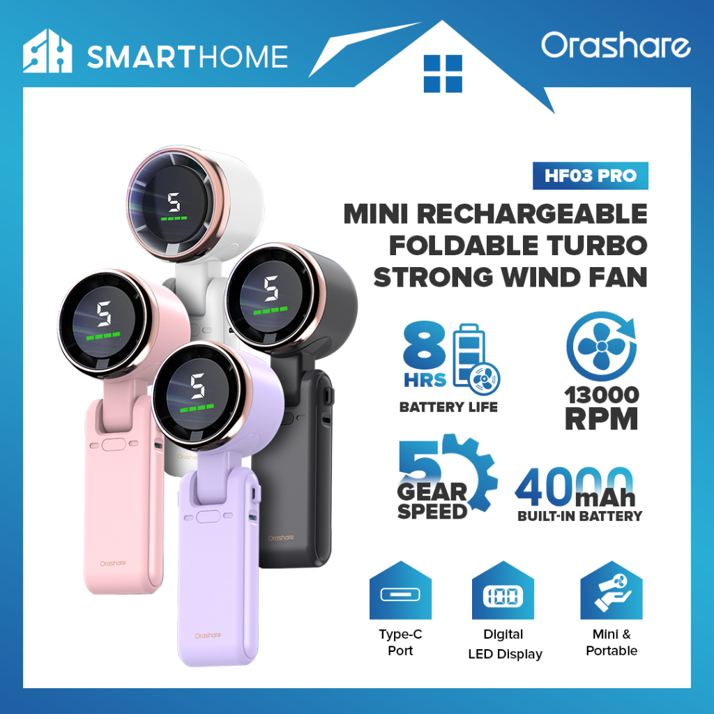 Orashare HF03 Pro Portable Foldable Turbo Fan 5 Speeds Rechargeable Handheld Mini Fan 4000mAh ...