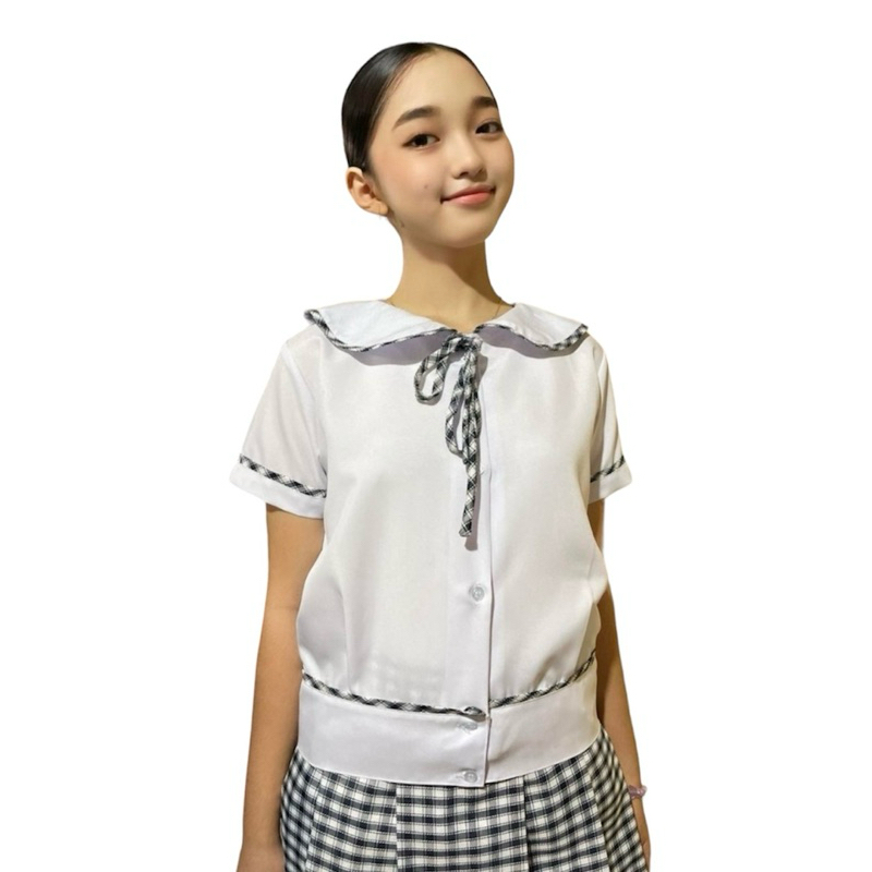 School Uniform Blouse (only) with checkered navy blue & white Piping ...