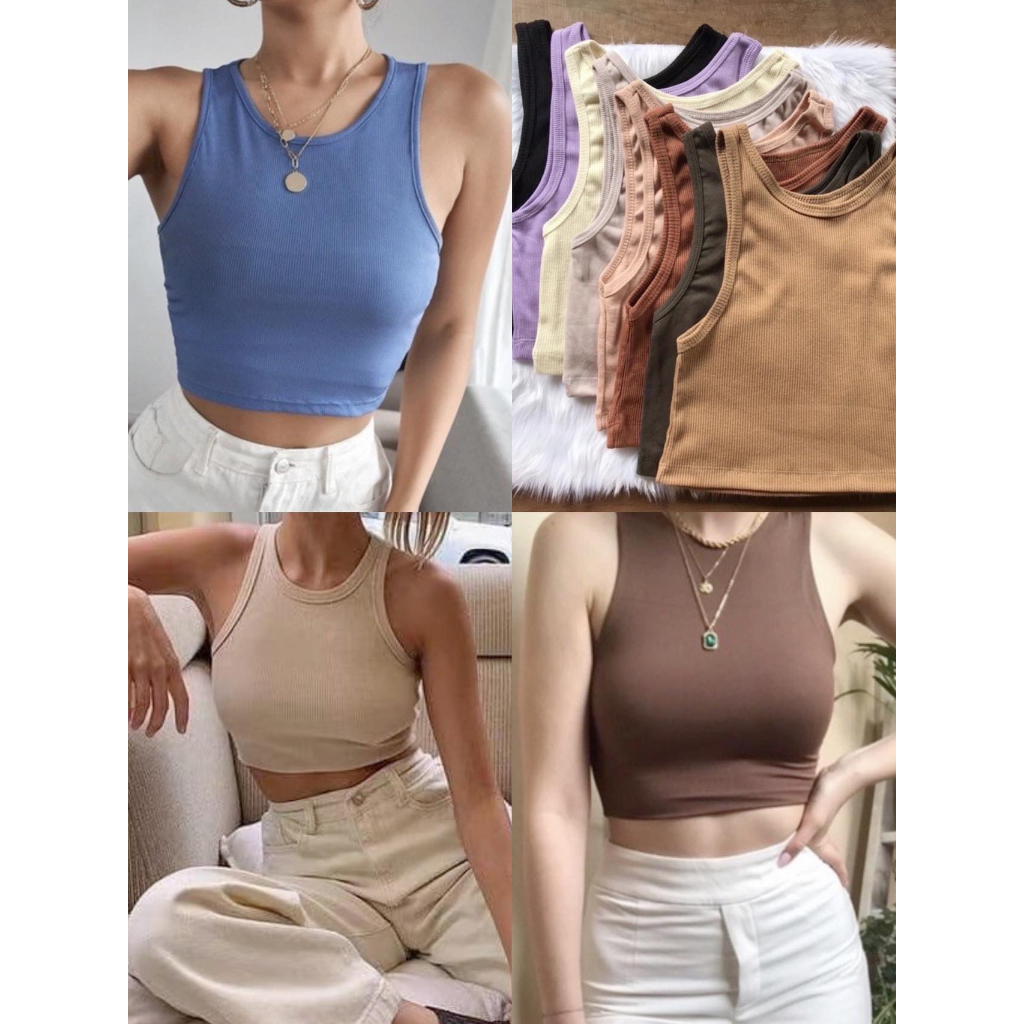 Korean Casual Racer Back Crop Top for Women Sando Trendy Rib Knit Tank ...