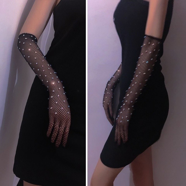 Fashion Sexy Hollow Glitter Rhinestone Fishnet Long Gloves Party ...
