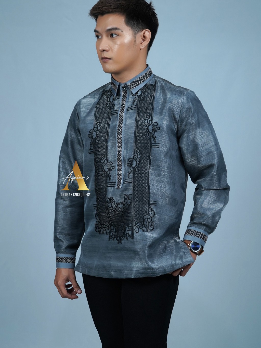 AQUINO'S ARTISAN EMBROIDERY Barong Tagalog for Men Piña Black Organza ...