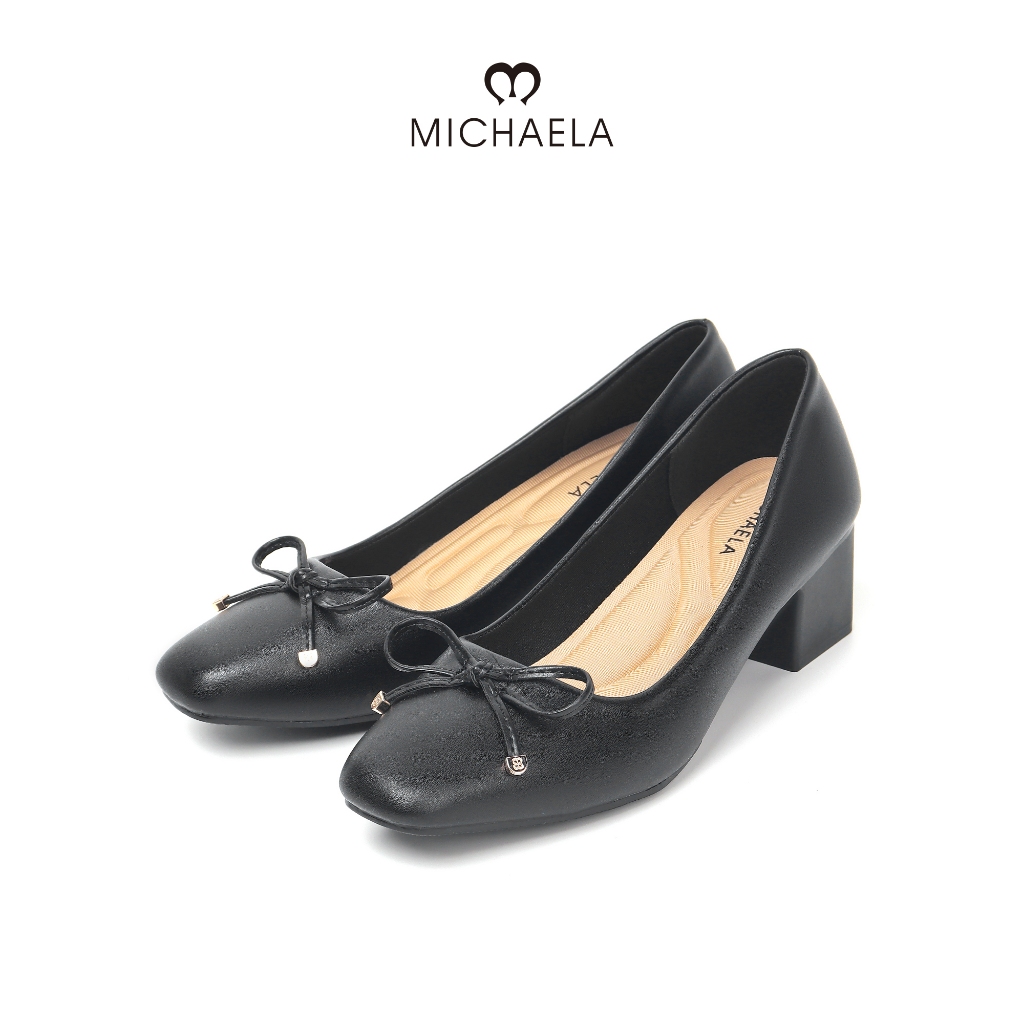MICHAELA Square Toe Block Heels with Chic Bow Upgrade Anti-Slip Black ...
