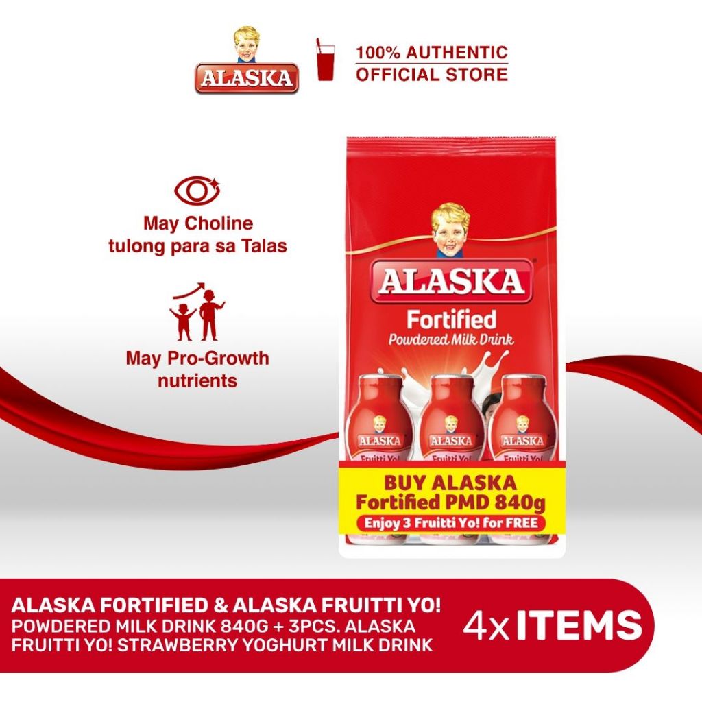 Alaska Fortified Milk Drink Pouch 840g + 3 Fruitti Yo! Strawberry ...