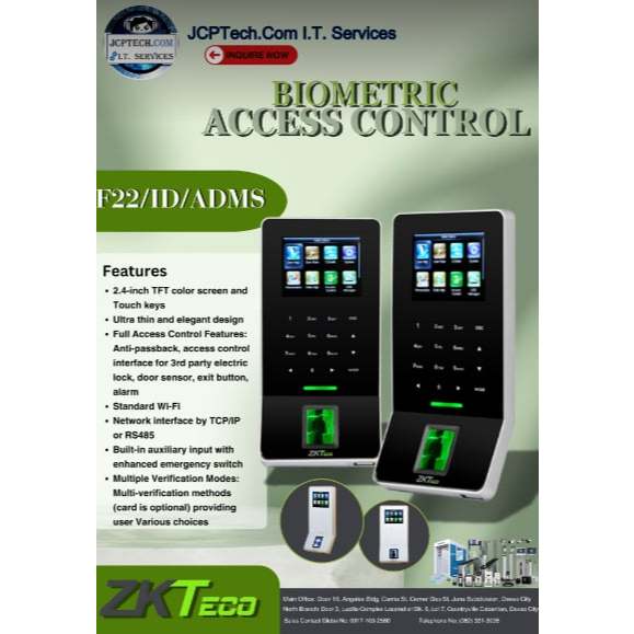 ZKTECO F22 ACCESS CONTROL BIOMETRIC WITH ID AND ADMS | Shopee Philippines