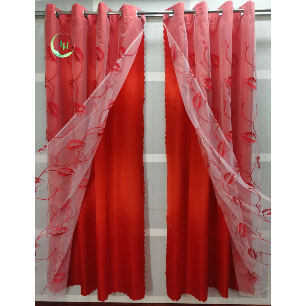LYH 7ft Red Double Layer Curtain Leaves Lace Embroidery Sheer Curtain ...