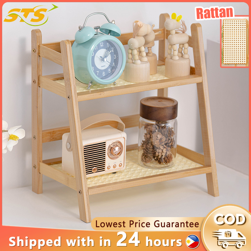 [Plastic rattan]Table Storage Rack Wooden Double-Layer Table Shelf ...