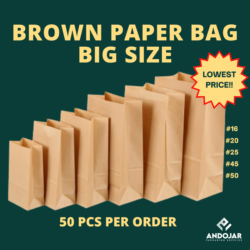 Big Sizes Brown Kraft Bag Supot 50PCS for Food, Clothes, Gift Packaging ...