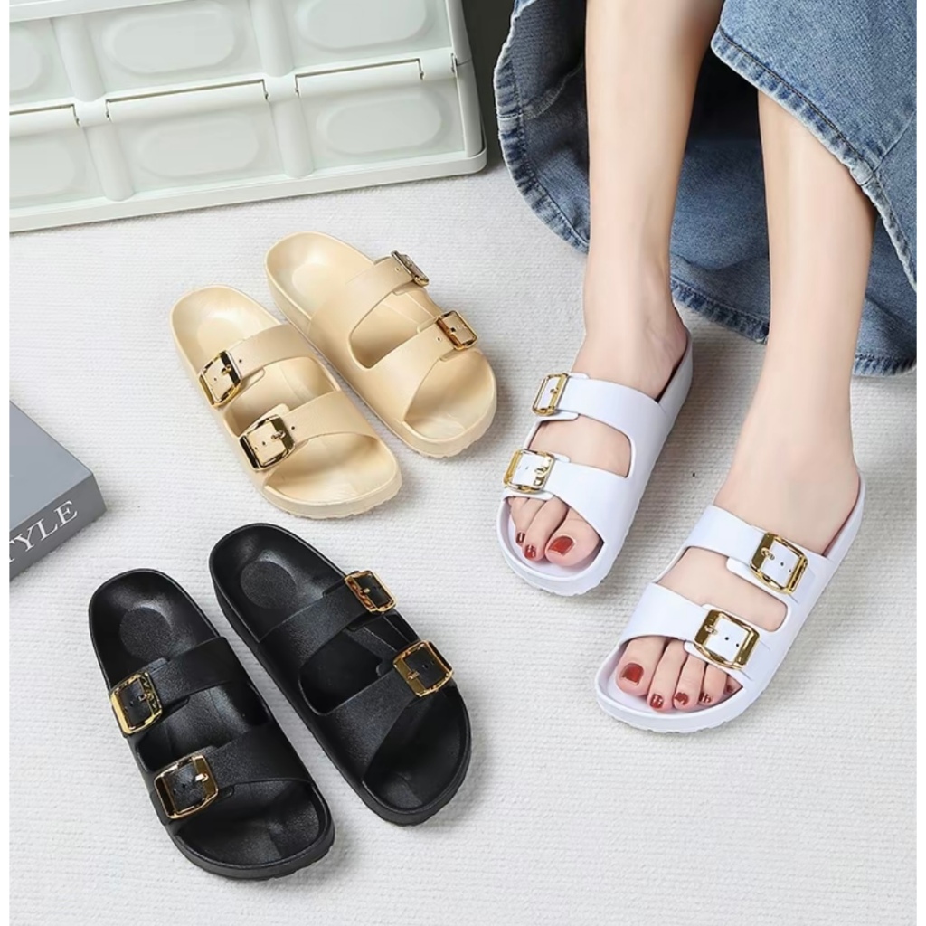 Two Strap Gold Buckle Slippers For Women | Shopee Philippines