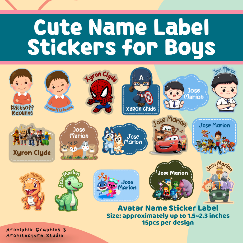 Personalized Cute Name Label Vinyl Stickers for Boys (Set of 15 pcs ...