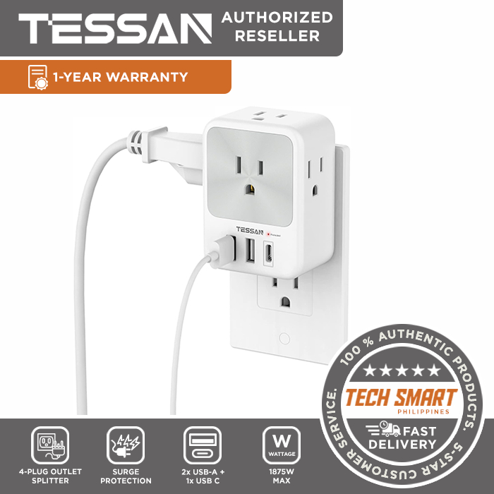 TESSAN Multi Plug Outlet with 4 Plug Splitter and 3 USB Wall Outlet ...