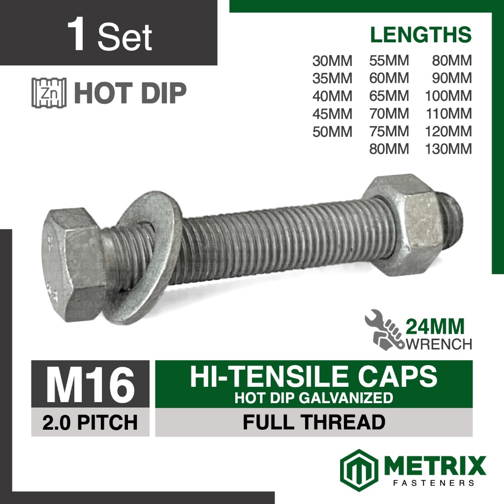 1set M16 ( 16MM ) 8.8 High Tensile Hexagon Bolt with Nut & FW - Hot Dip ...