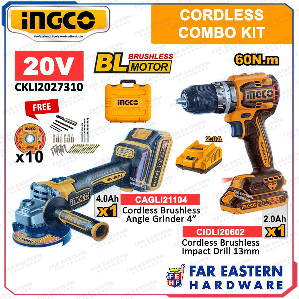 INGCO COMBO KIT Cordless Brushless Angle Grinder 4" 20V + Impact Drill ...