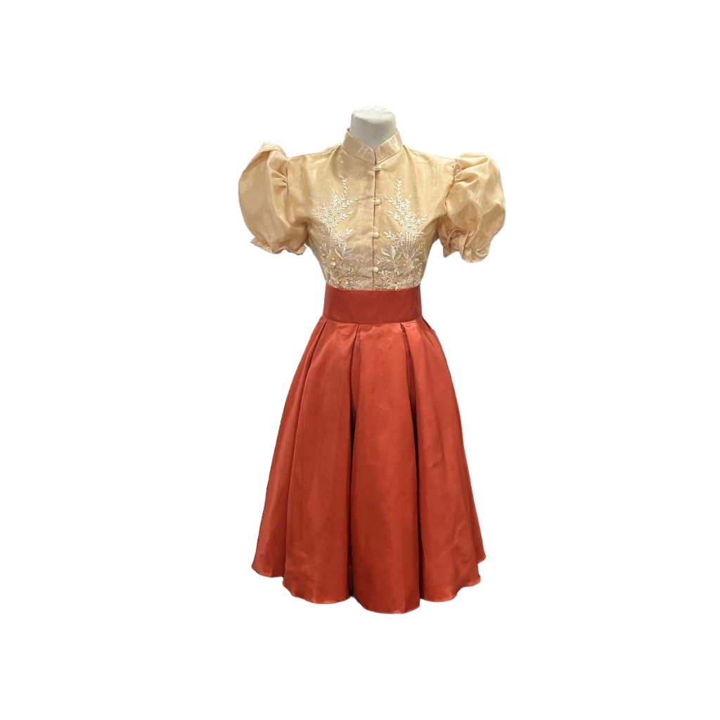 Filipiniana puff-sleeve ladies barong match with Rust orange Midi box ...