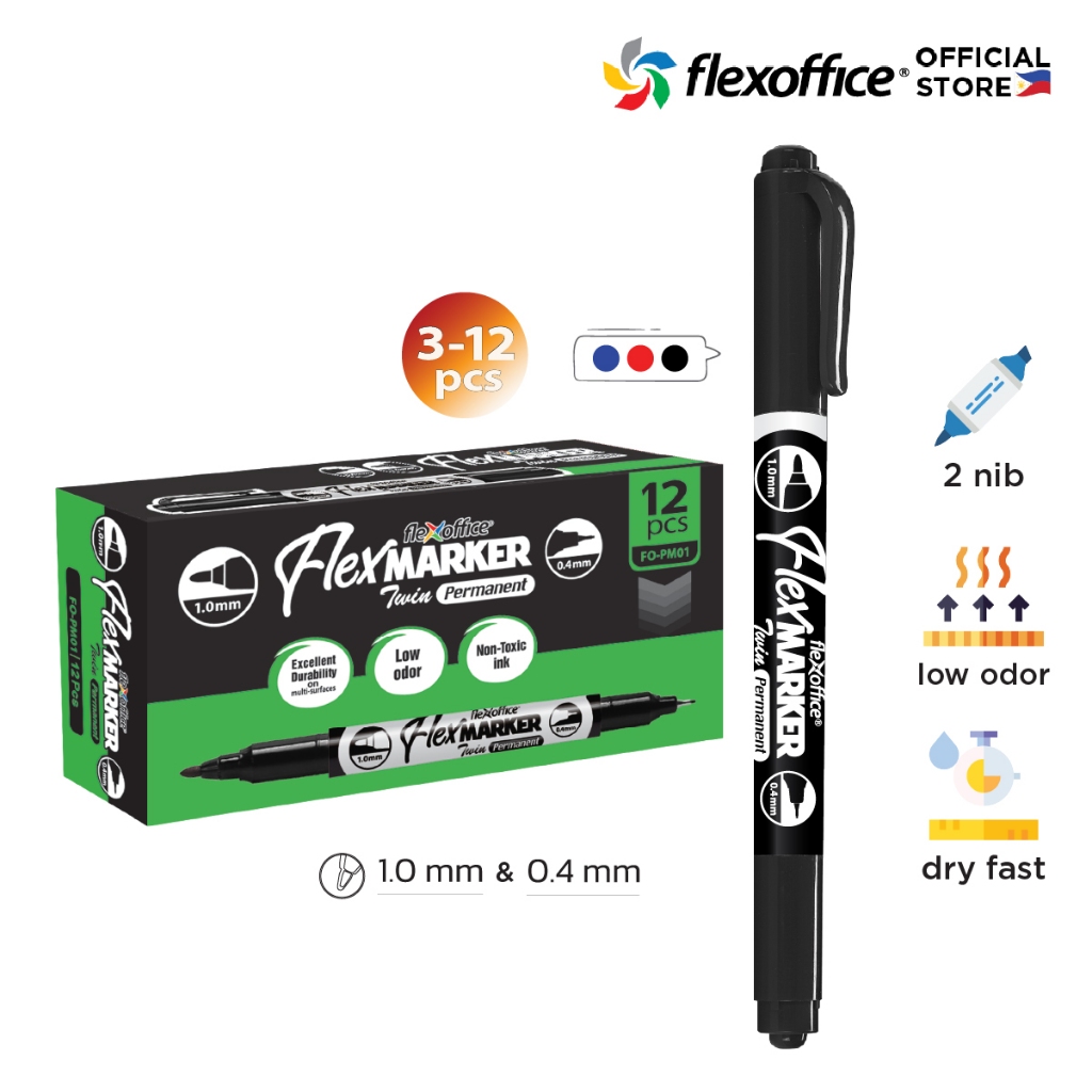 FlexOffice Permanent Marker - Twin nib 0.4 & 1.0mm - 3pcs/12pcs ...