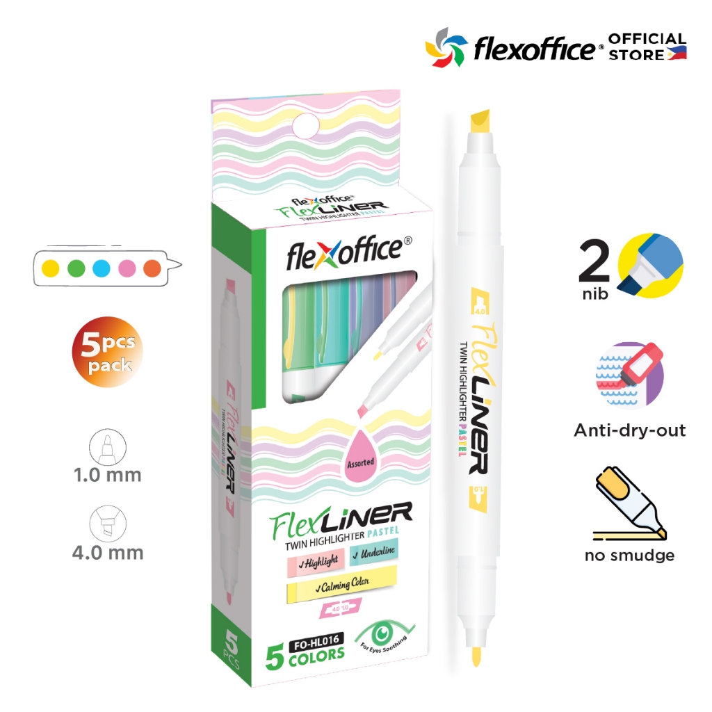 FlexOffice Pastel Highlighter Twin Nib - pack 5 color - 1.0mm & 4.0mm ...