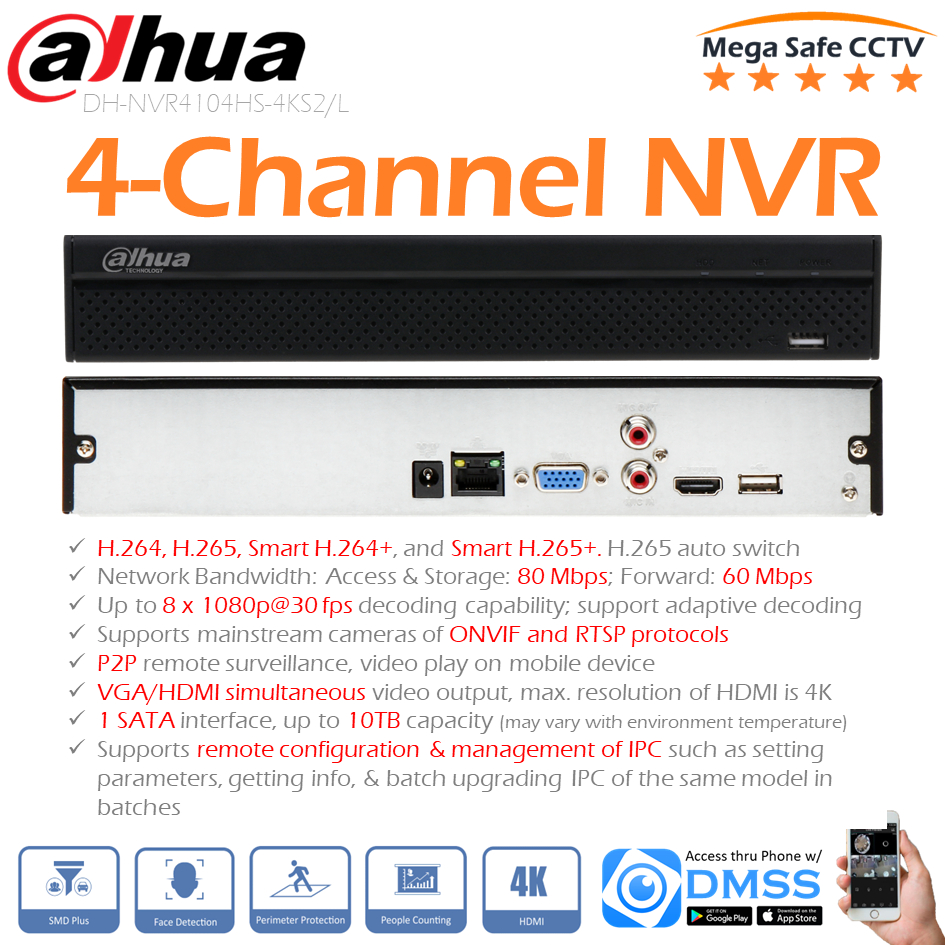 Dahua DHI-NVR4104HS-4KS2/L 4CH 2MP NVR, 4K HDMI Output IP CCTV Network Video Recorder (optional ...