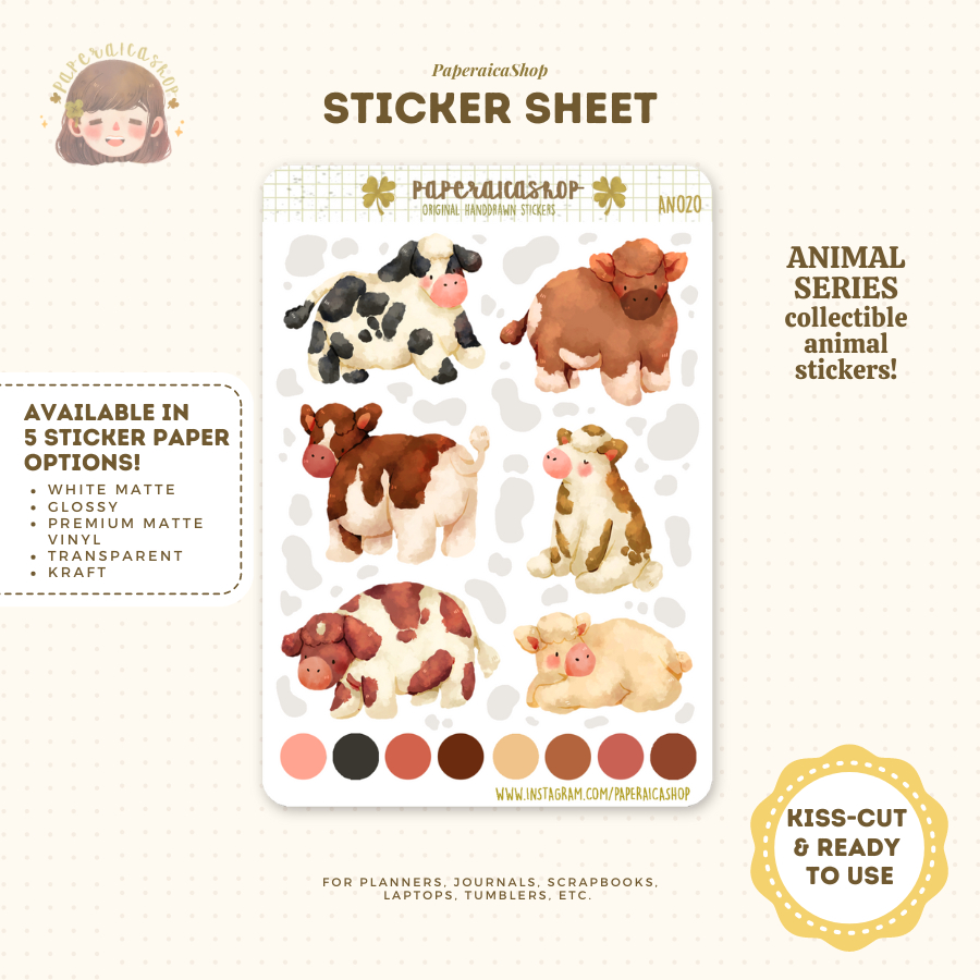 Fluffy Cows Animal Sticker Sheets, Cute Cows Sticker Sheets | AND011 ...