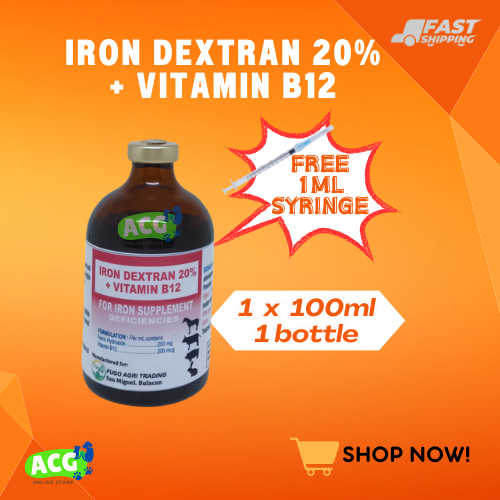 IRON DEXTRAN 20% + VITAMIN B12 100ml | FOR ANIMALS | plus 1ml syringe ...