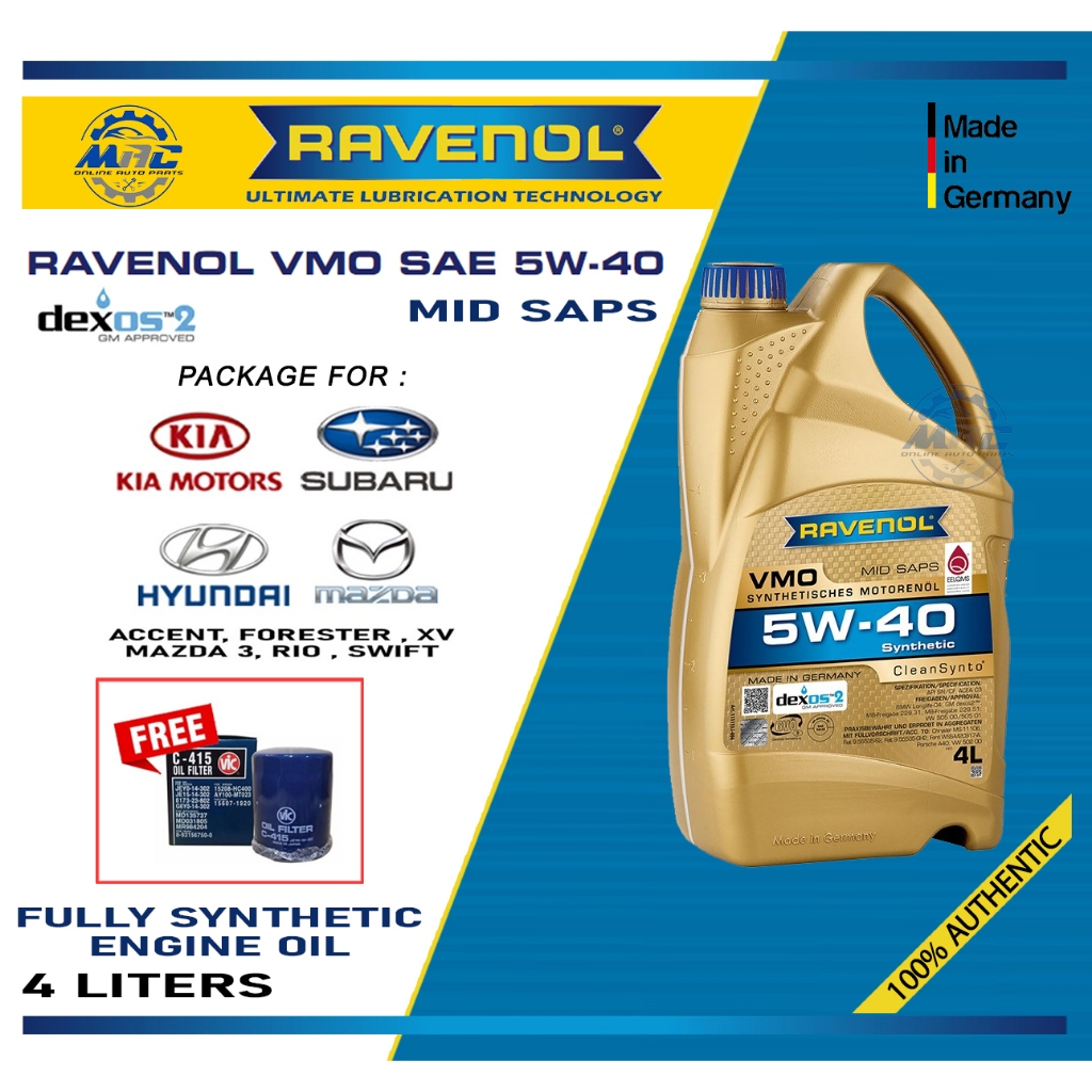 RAVENOL VMO 5W-40 DEXOS 2 ENGINE OIL 4 Liters PACKAGE FOR HYUNDAI ...
