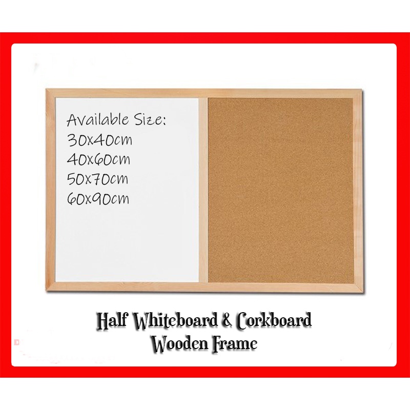 Half Whiteboard & Corkboard Wooden Frame Combination board | Shopee ...