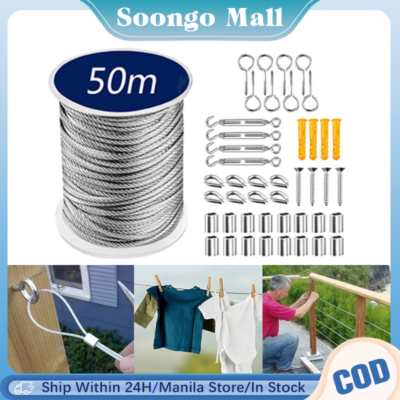 50M Wire Rope Kit Stainless Steel Heavy Duty Vinyl Coated Cable Rope ...