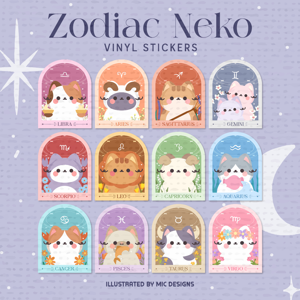 Zodiac Sign Neko Vinyl Stickers | Kawaii Cat Horoscope | Waterproof ...