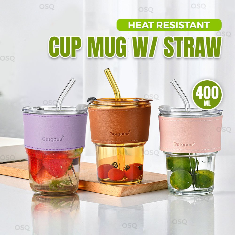 OSQ 350/400/450ml Double Glass Heat Resistant Lid Cup Mug W/ Straw ...