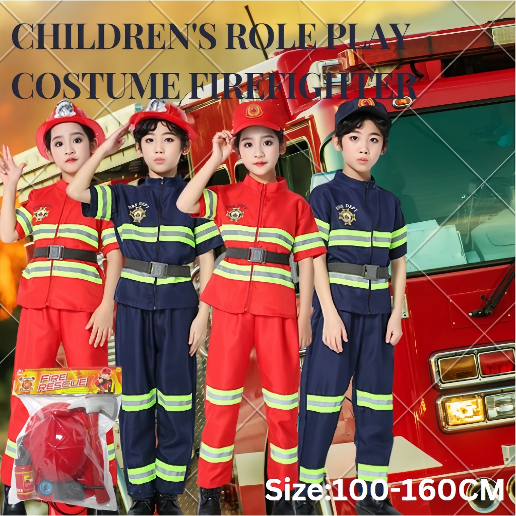 9pcs Fireman Costume For Kids Boy Fire Fighter Uniform Cosplay Role ...