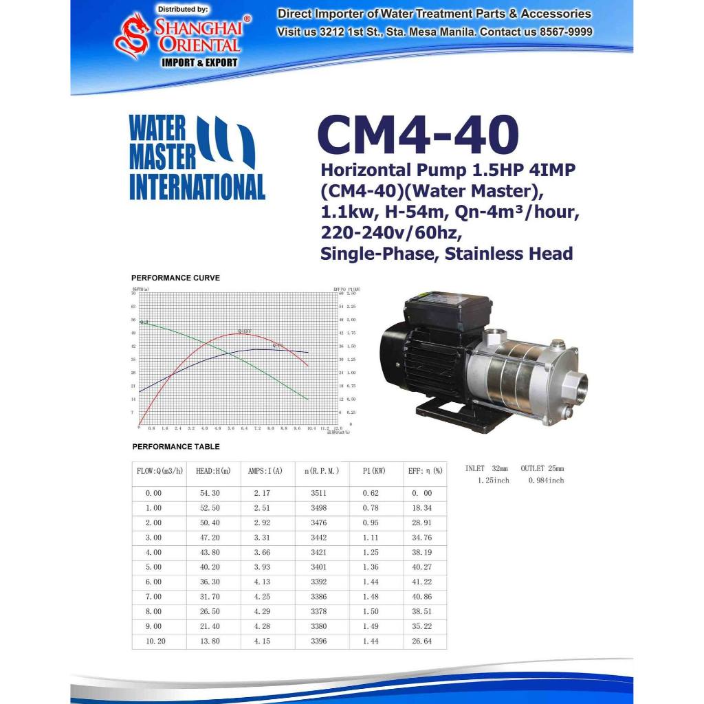Horizontal Pump 1.5HP 4IMP (CM4-40)(Water Master), 1.1kw, H-54m, Qn-4m³ ...