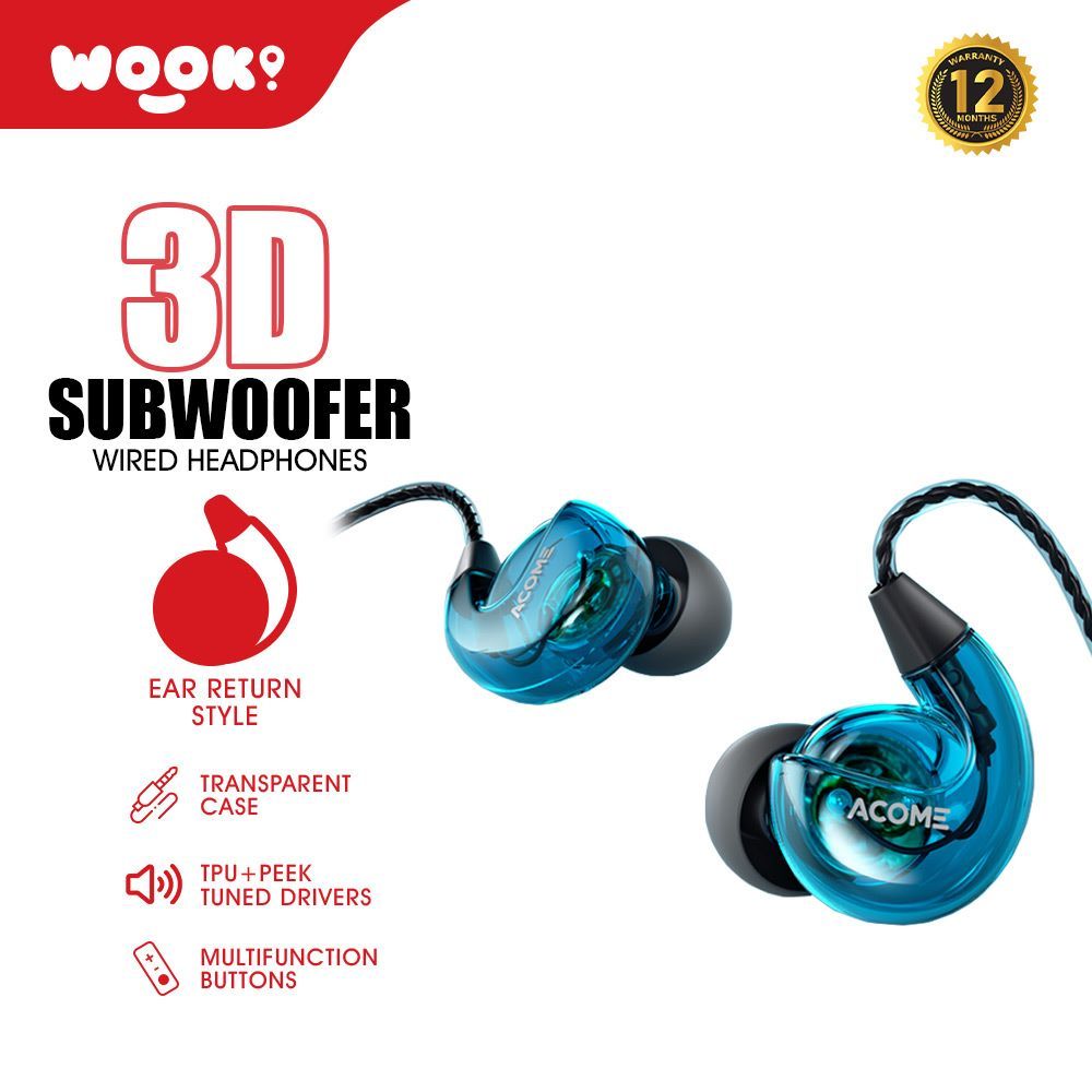 Acome ACE01 3D Subwoofer Headphones TPE Tranparent Black Wire 3.5mm ...