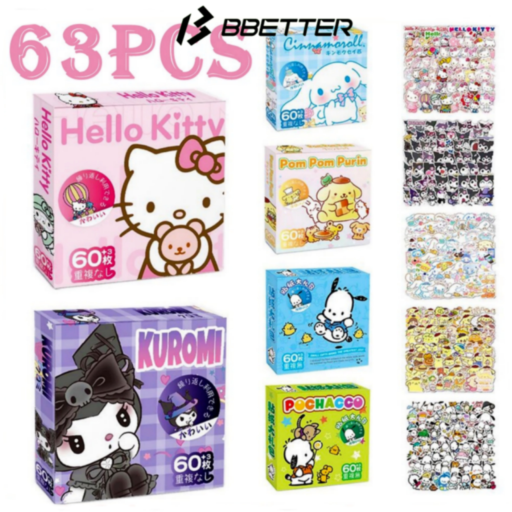 63PCS/Box DIY SANRIO STICKER Box Set Kuromi Cinnamoroll Waterproof Kids Cute Party Pack Gift ...