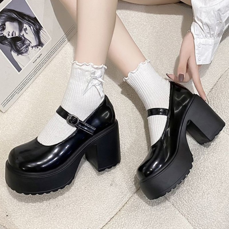 Size 35-40 Womens High Heel School Students Shoes Black Loafers Thick ...
