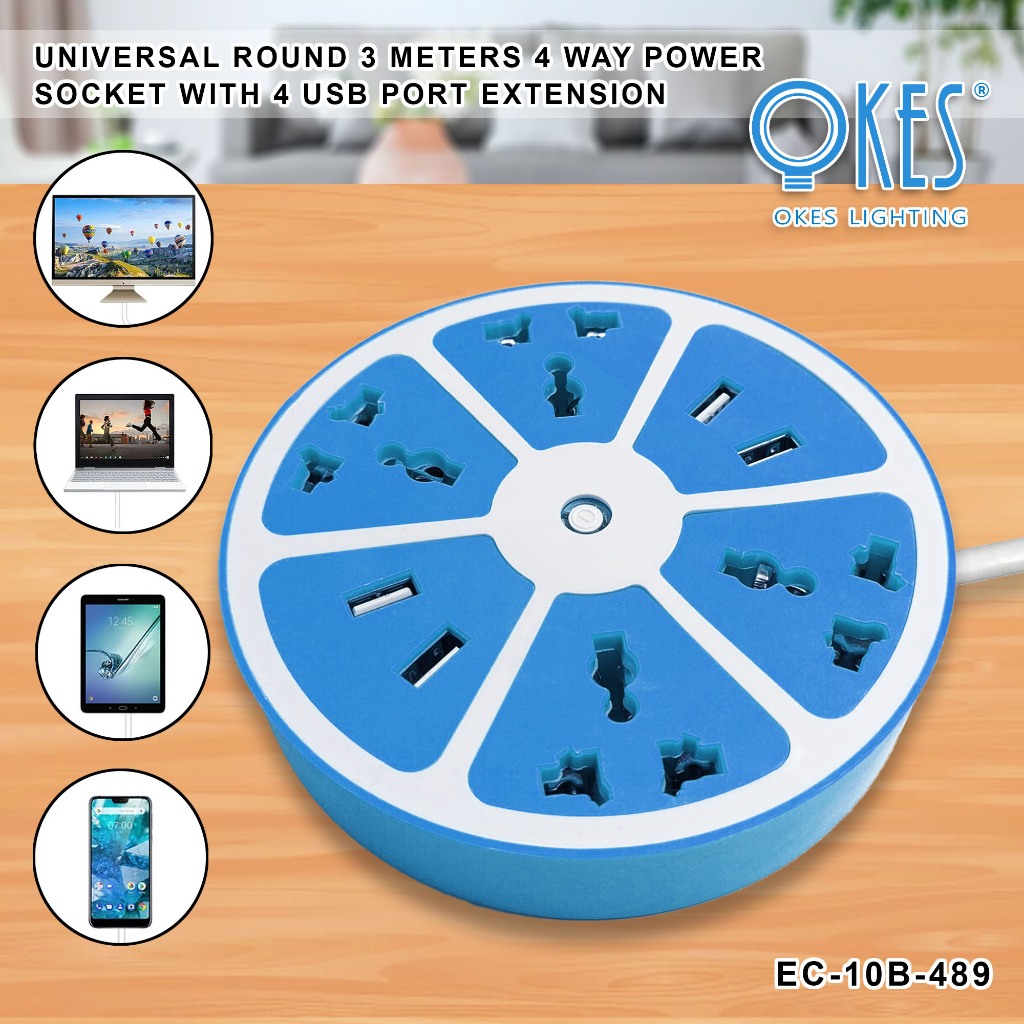 OKES Universal Round 3 meters 4 Way Power Socket with 4 USB Port ...