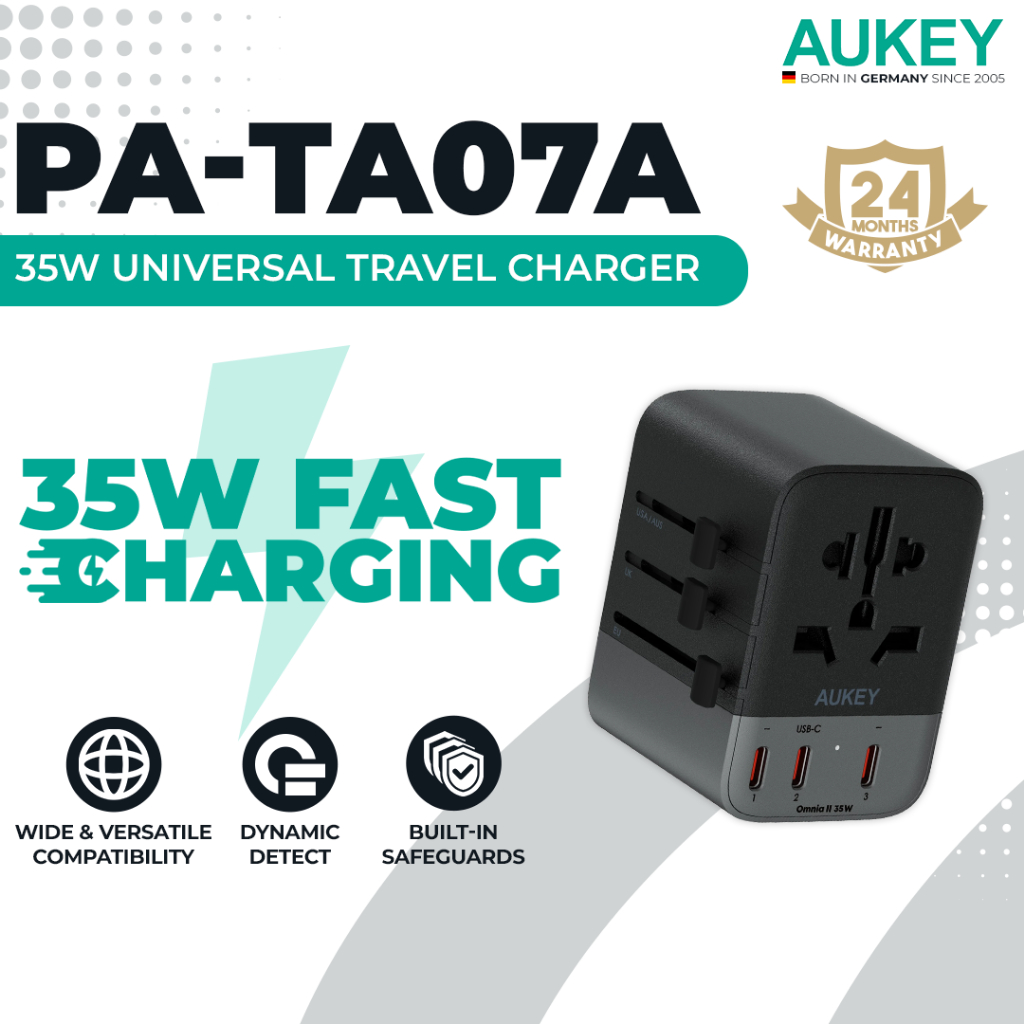 AUKEY PA-TA07/07A 2500W Travel Adapter PD35W Fast Charging Plug 2*USB A+ 3*typeC Smart Universal ...