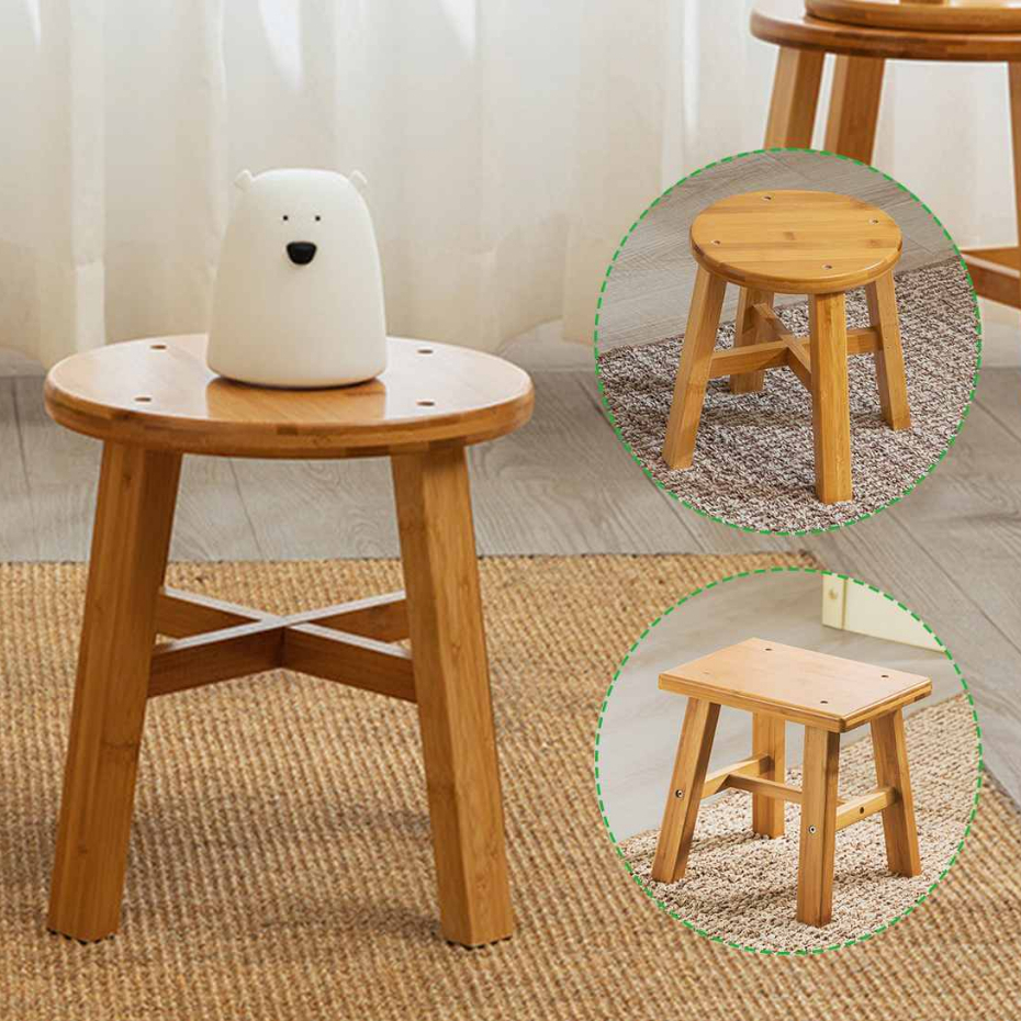 HALLOMALL Solid Wooden Stool Round Square Bamboo Stool Multi-functional ...