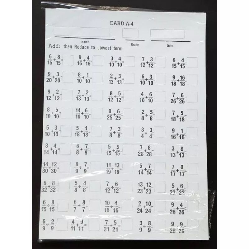 Window Card Math Operations [Addition A-4;Subtraction S-1,S-4;Division D-1,D-3,D4] per Pack (50 ...