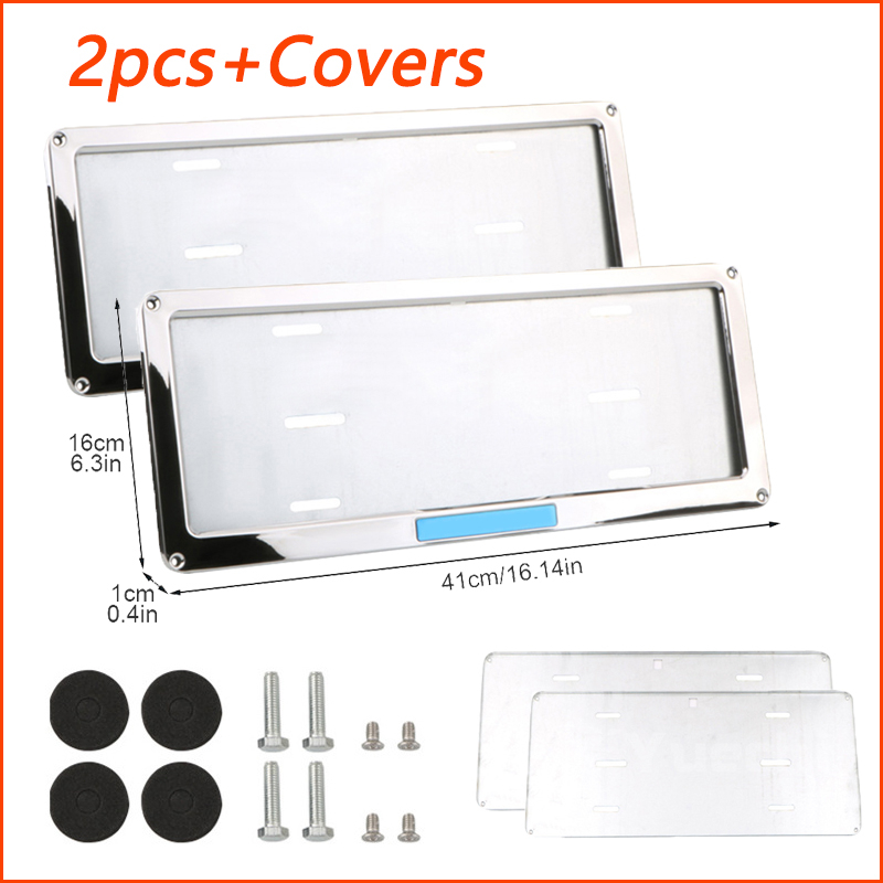 2Pcs License Plate Frame With Cover Chrome Stainless Universal Car ...