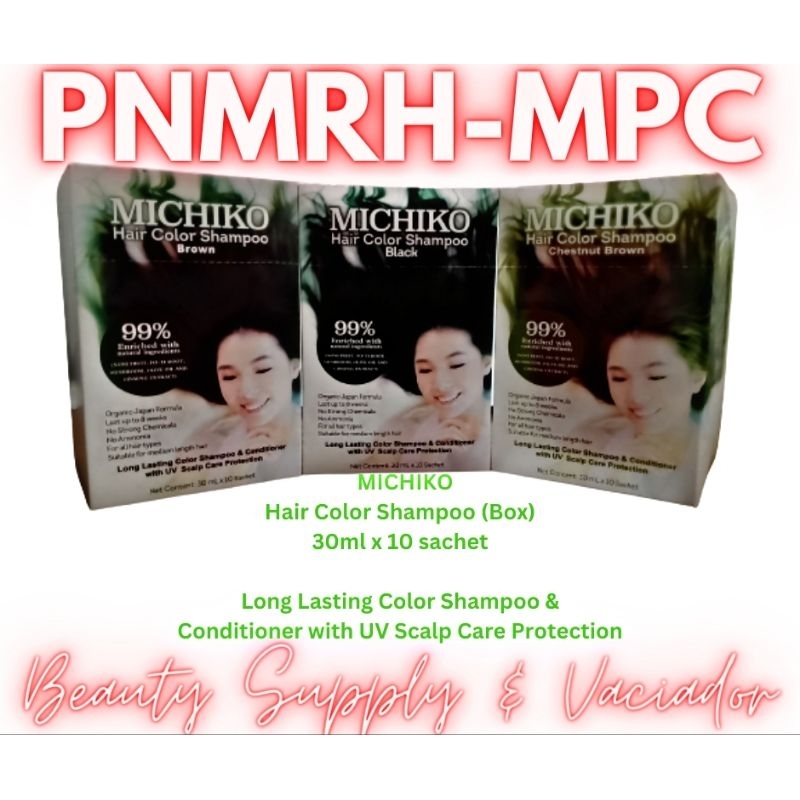 Michiko Hair Color Shampoo Box 30ml x 10 sachet (Black, Brown, Chestnut ...