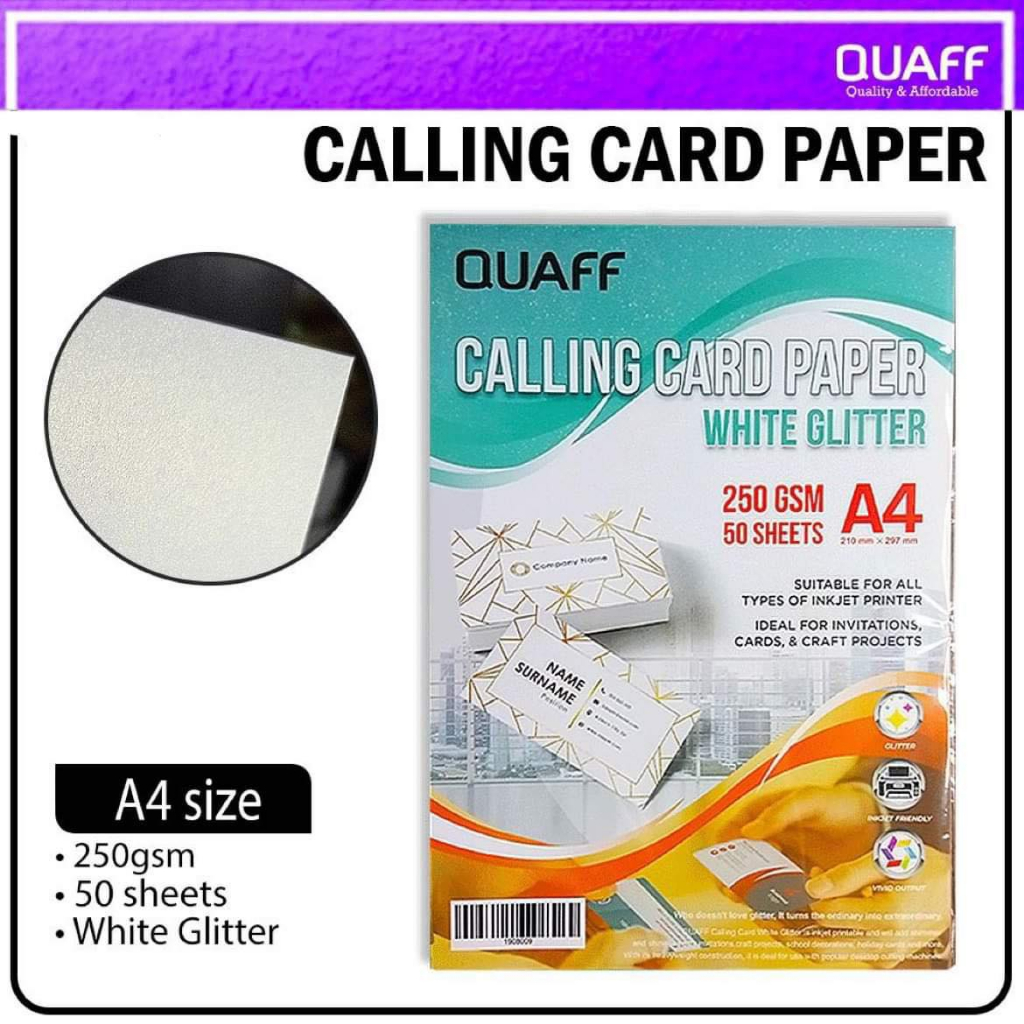 QUAFF 250 GSM CALLING CARD WHITE GLITTER A4 SIZE ( 50 PCS PCK ...