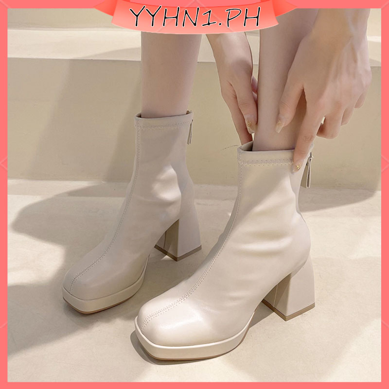 Boots For Women Korean Leather High Heels 6cm Zipper Block Heel ...