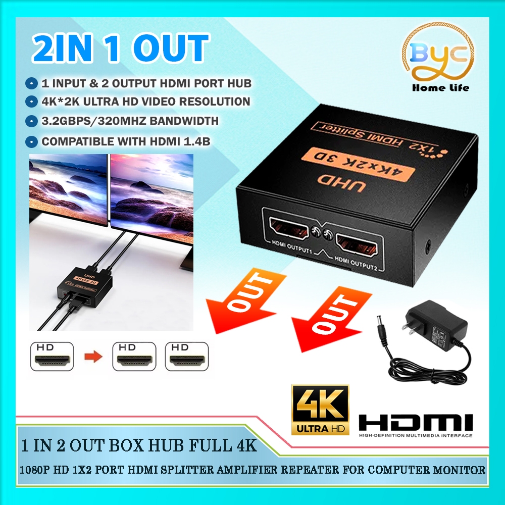 1 in 2 out Box Hub Full 4K / 1080P HD 1X2 Port HDMI Splitter Amplifier ...