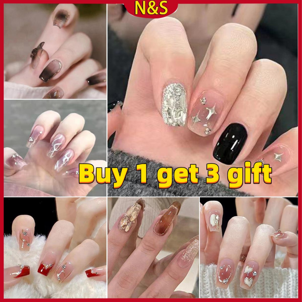 【COD】3D Fake Nails Waterproof Art Finger Nails French DIY Fake Nails ...