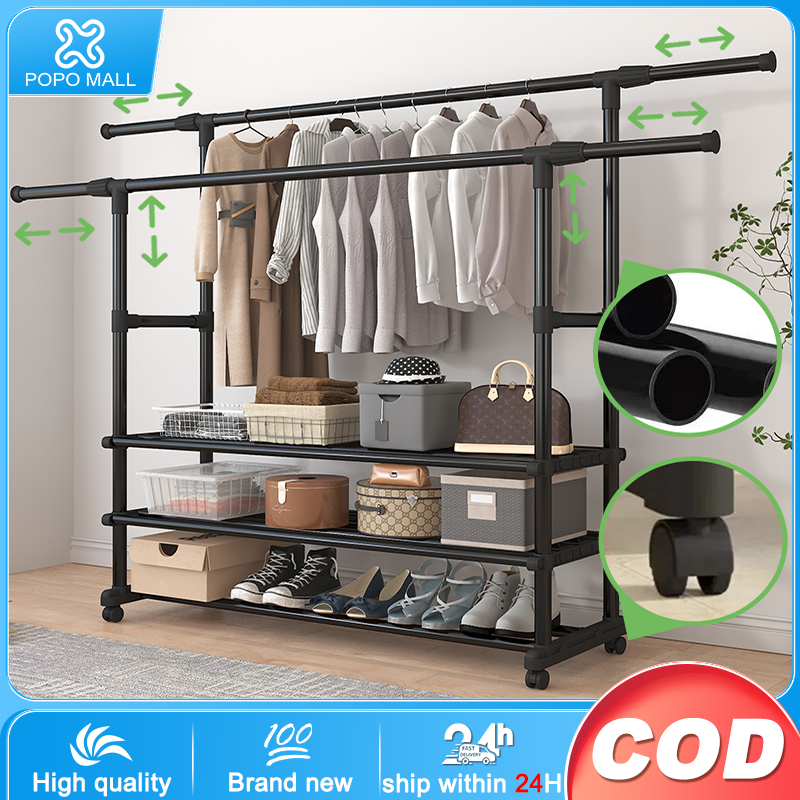 Extendable Double Pole Clothes Rack with Wheels Metal Clothes Hanger ...
