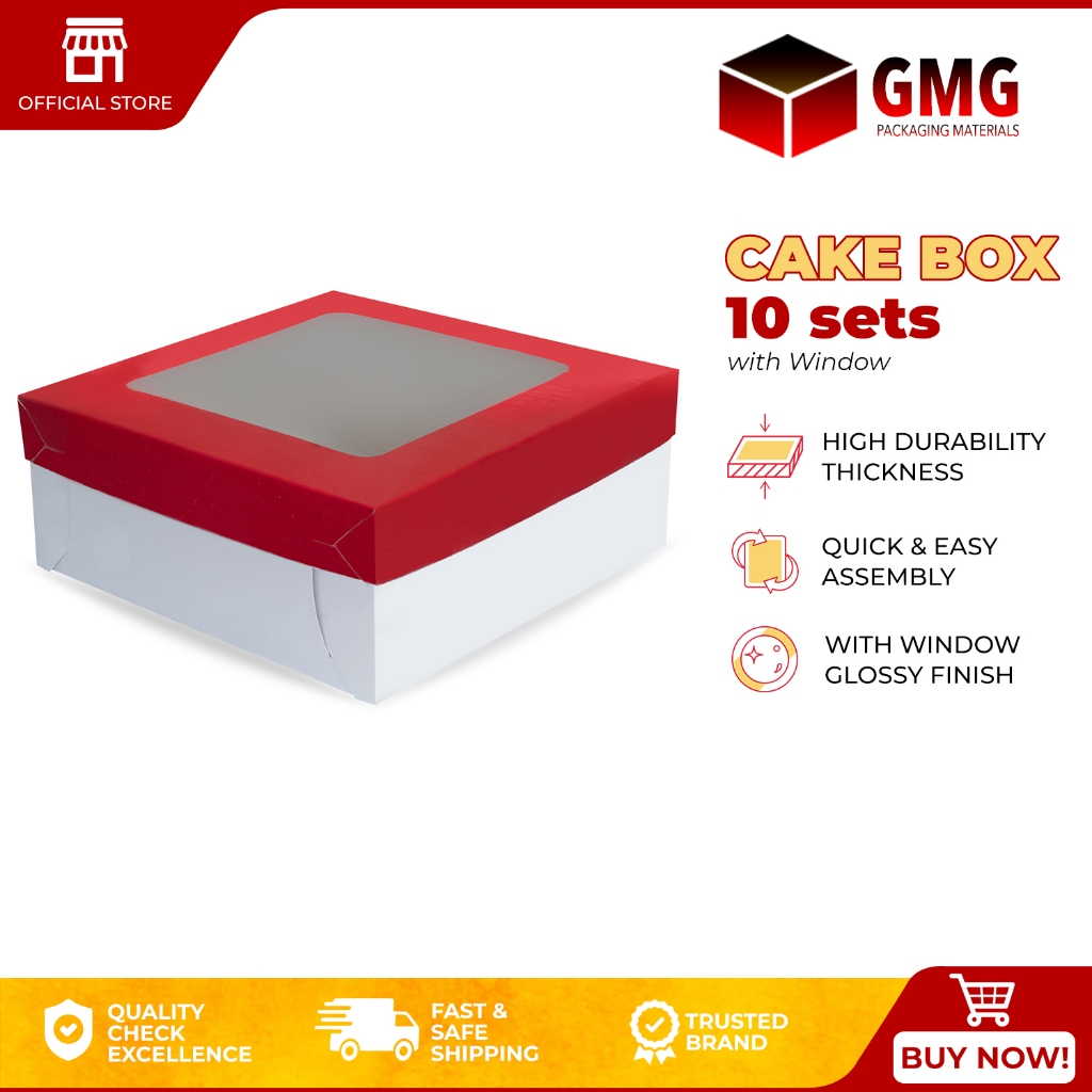 (10sets) Red Cake Pastry Box 10 x 10 x 4 inches w/ Window Glossy Shiny ...