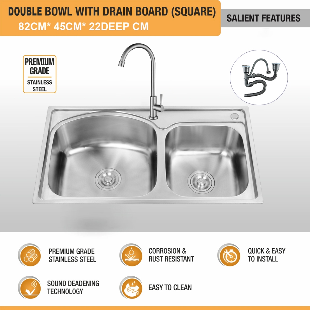 SUS 304 STAINLESS DOUBLE BOWL KITCHEN SINK WITH DRAINER | Shopee ...