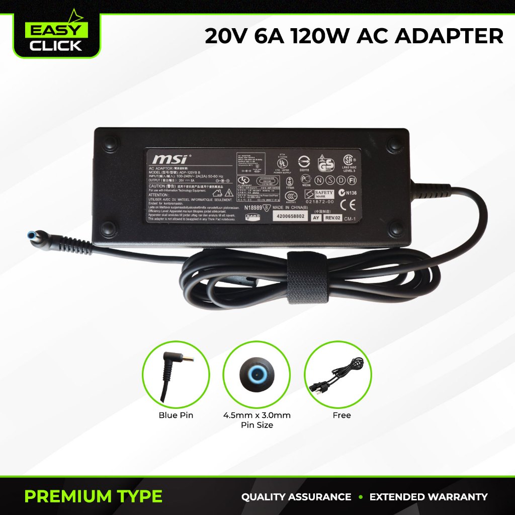 MSI Laptop Charger 20V 6A 120W 4.5mm x 3.0mm Blue Pin | Shopee Philippines