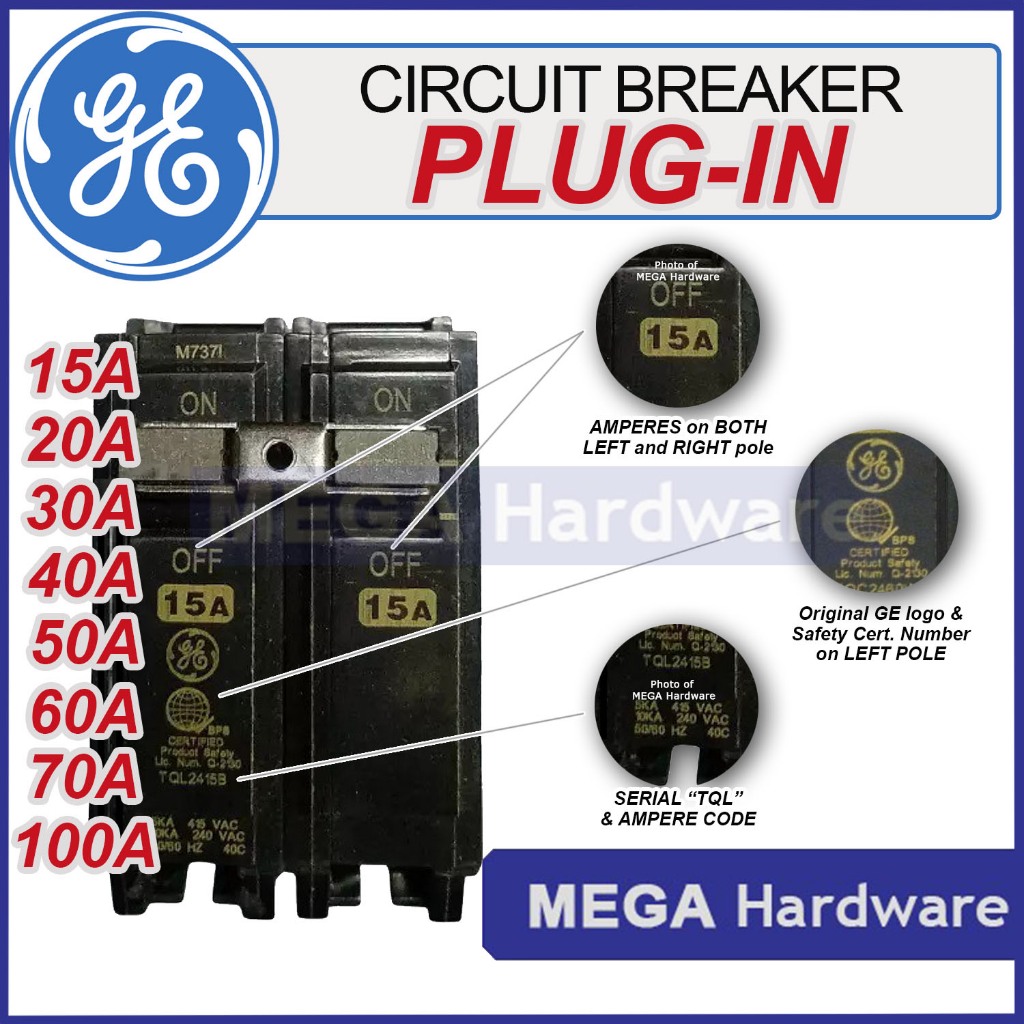 GE CIRCUIT BREAKER (PLUG IN or BOLT ON) 15A 20A 30A 40A 50A 60A 70A 100A 2 POLE ORIGINAL ...