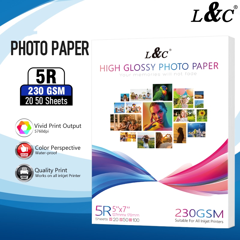 L&C Photo Paper 230GSM 50 Sheets 20 sheets Pack A4 3R 4R 5R Size High ...