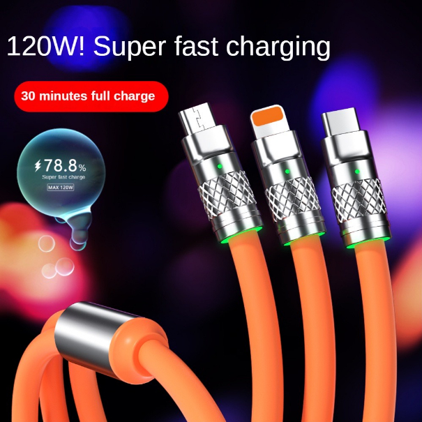 3 in 1 Fast Charging Cable 120W 6A Super Fast Charger USB Protecetion ...