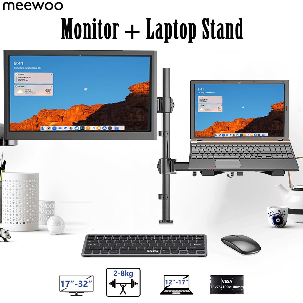Meewoo Monitor Stand With Laptop Tray Dual Arm Desk Mount Fully ...